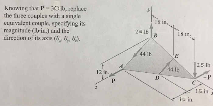 Solved Knowing that P = 3O lb, replace the three couples | Chegg.com