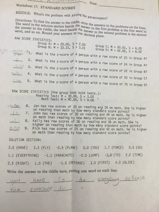 Worksheet 17: STANDARD SCORES RIDDLE: What's the | Chegg.com