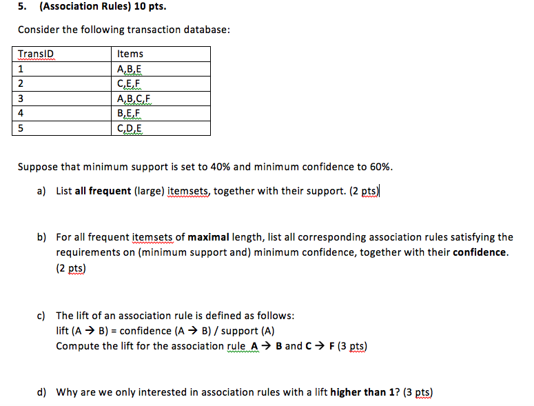 Solved 5 (Association Rules) 10 pts. Consider the following | Chegg.com