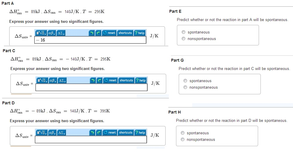 Delta H = 89kJ, Delta Srxn = 140J/K, T = 295K | Chegg.com