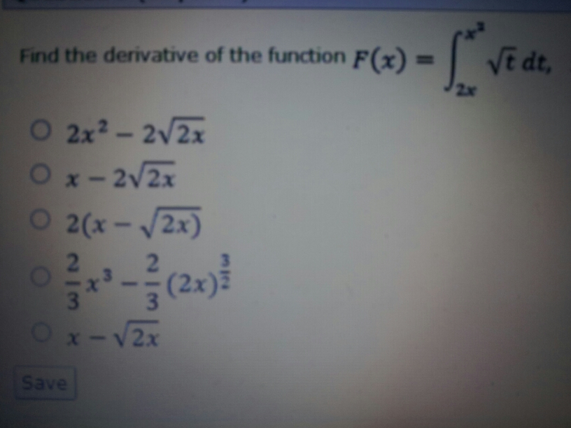 Solved Find the derivative of the function F(x) Vt dt, o 2x2 | Chegg.com