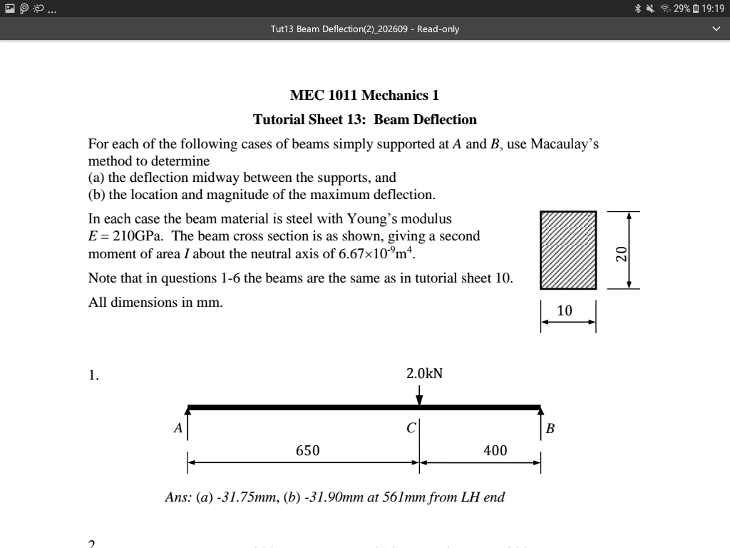 Solved ?, 29% ?19:19 Tut13 Beam Deflection(2)_202609 - | Chegg.com
