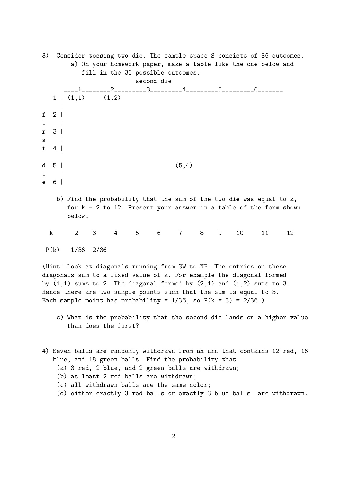 Solved Consider tossing two die. The sample space S consists | Chegg.com