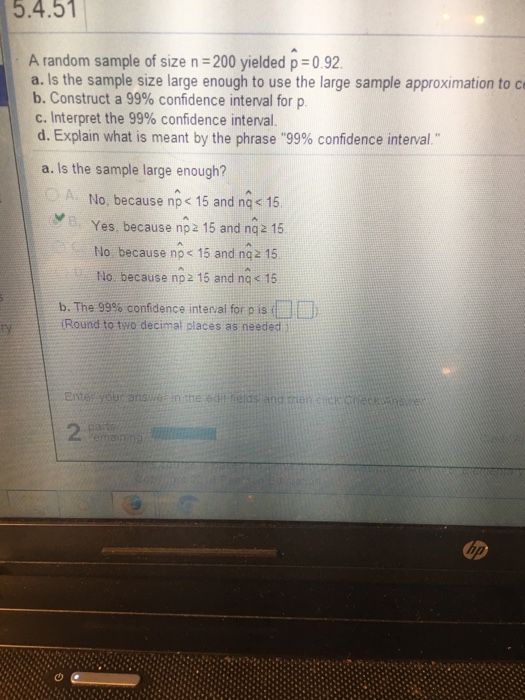 Solved A random sample of size n = 200 yielded p = 0 92. Is | Chegg.com