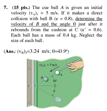 Solved 7. (15 pts.) The cue ball A is given an initial | Chegg.com