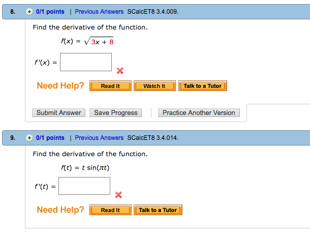 Solved 8. 0/1 points | Previous Answers SCalcET8 3.4.009 | Chegg.com