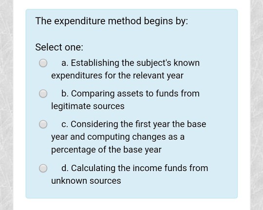 Solved The expenditure method begins by: Select one: O a. | Chegg.com