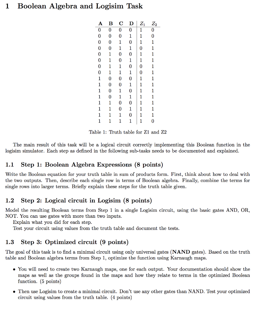 Solved 1 Boolean Algebra and Logisim Task 0 0 0 10 0 0 1 1 | Chegg.com