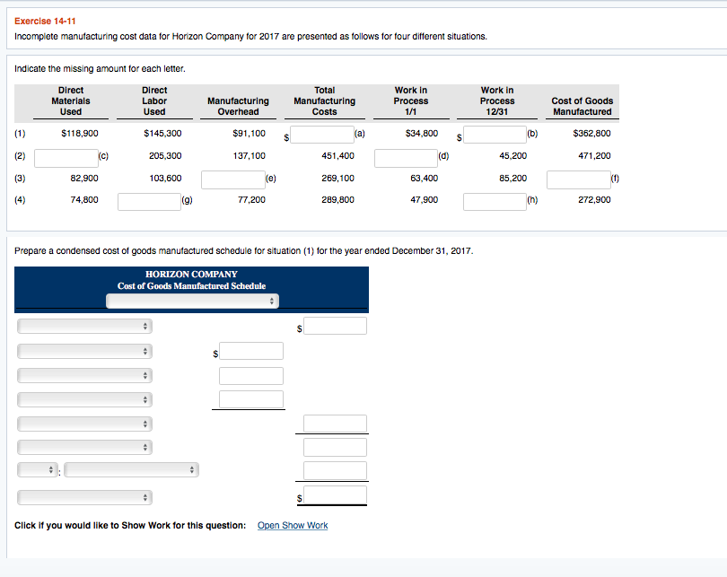 Solved Exercise 14-11 Incomplete manufacturing cost data for | Chegg.com