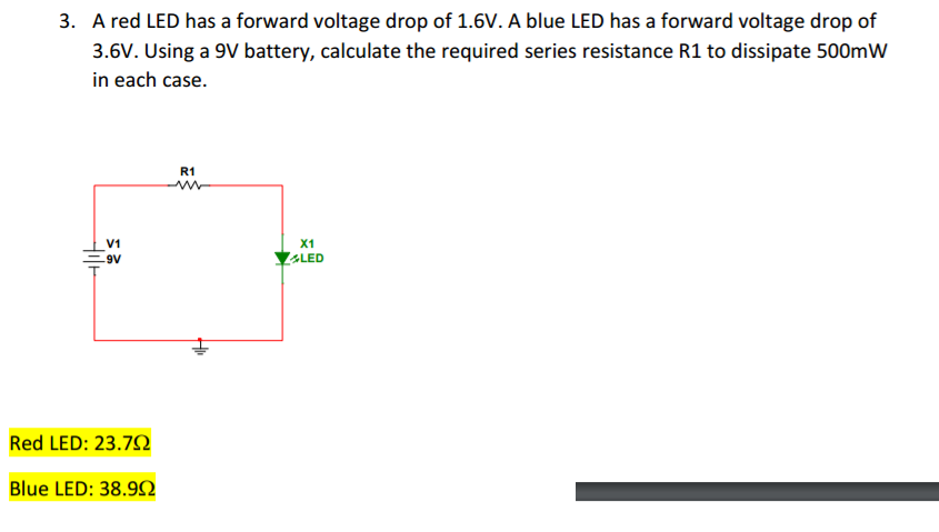 Solved A red LED has a forward voltage drop of 1.6V. A blue | Chegg.com