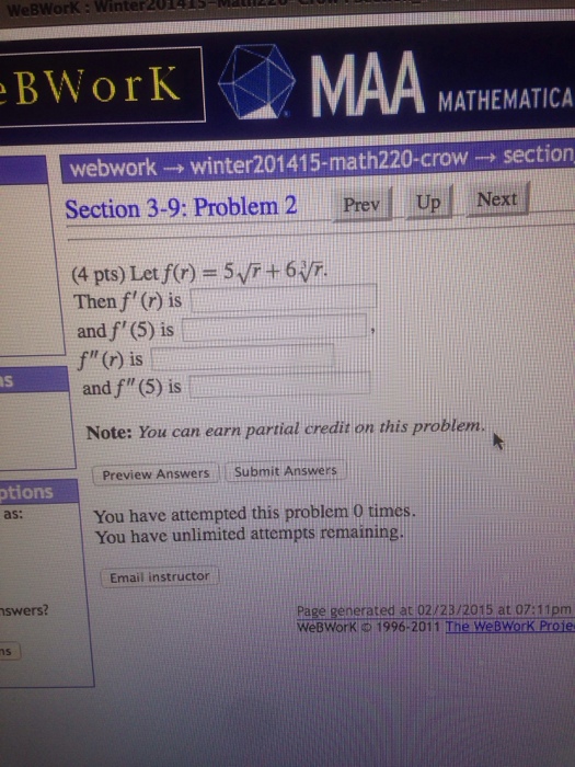 Solved B WorK MATHEMATICA webwork winter201415-math220-crow | Chegg.com