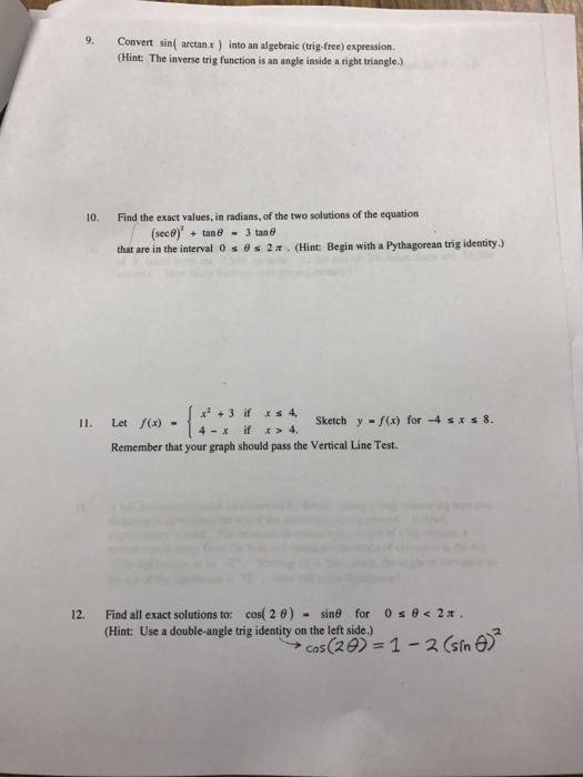 Solved Convert Sin Arctan X Into An Algebraic Trig Free