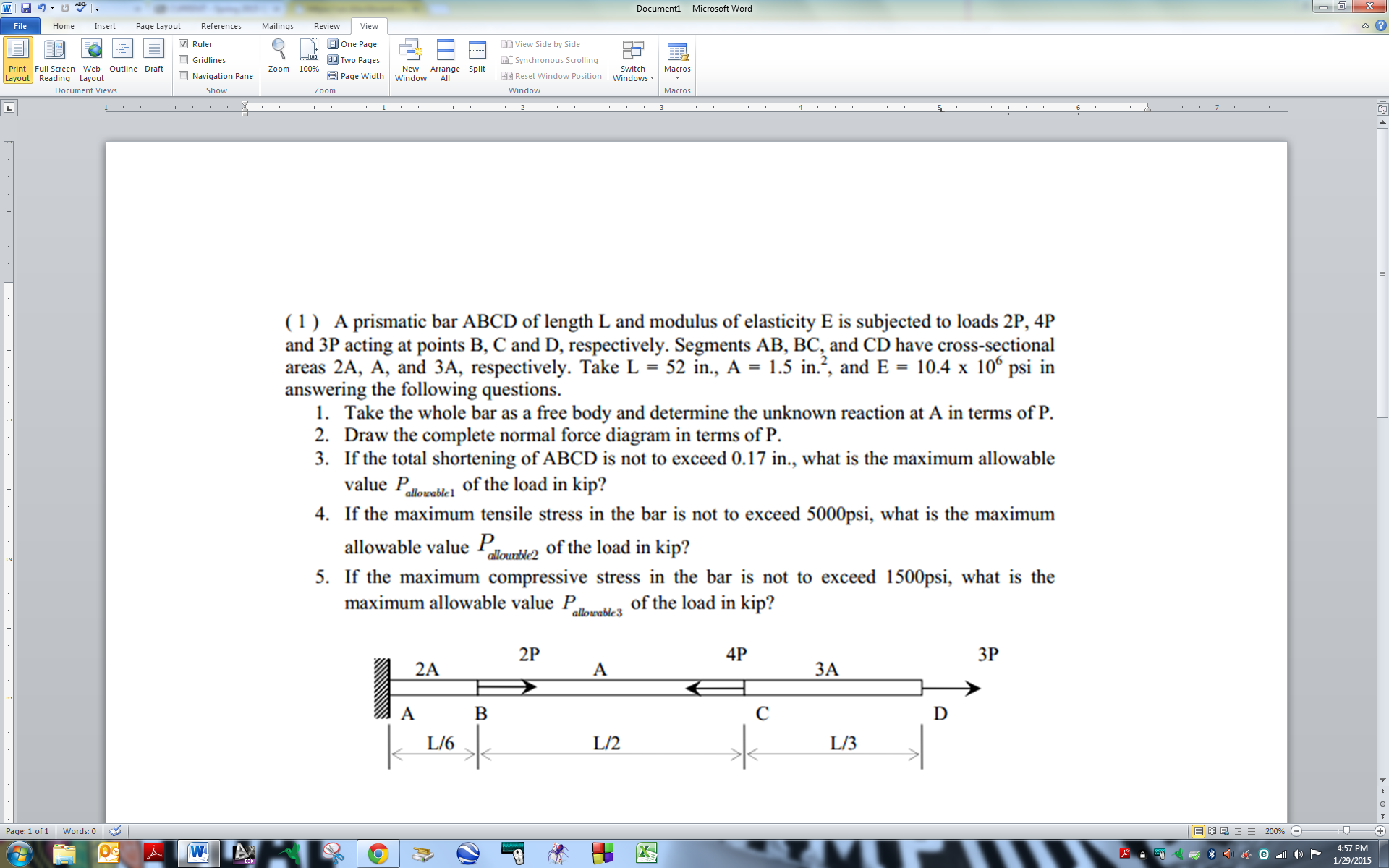 Solved ( 1 ) A prismatic bar ABCD of length L and modulus of | Chegg.com