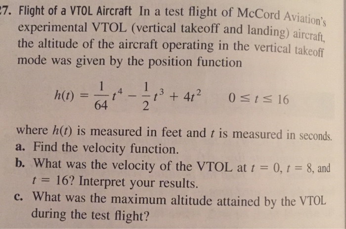 Solved Flight of a VTOL Aircraft In a test flight of McCord | Chegg.com