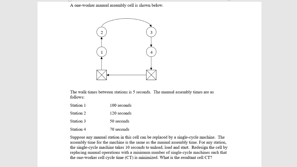 Solved A one-worker manual assembly cell is shown. The walk | Chegg.com