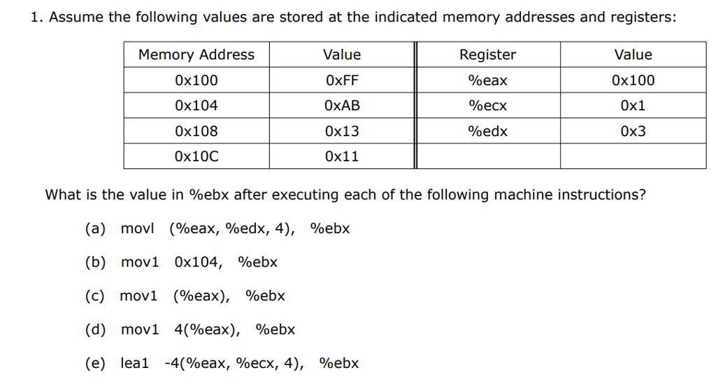 Solved What is the value in %ebx after executing each of the | Chegg.com
