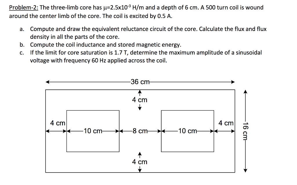 Solved The three-limb core has mu = 2.5 times 10^-3 H/m and | Chegg.com