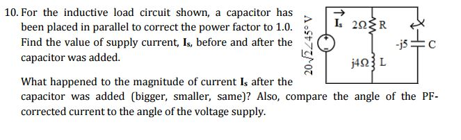 Solved For the inductive load circuit shown, a capacitor has | Chegg.com