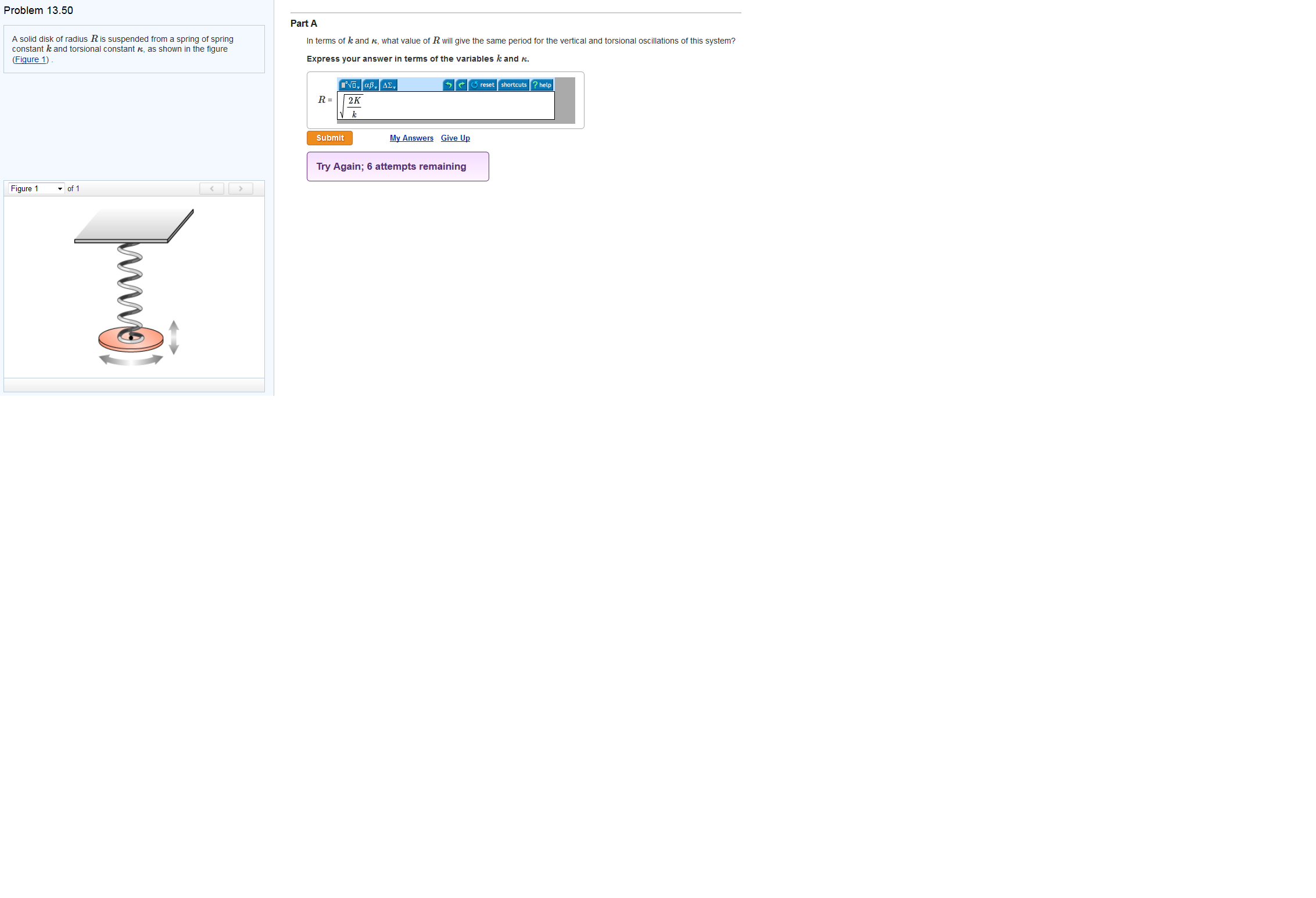 Solved A solid disk of radius R is suspended from a spring | Chegg.com