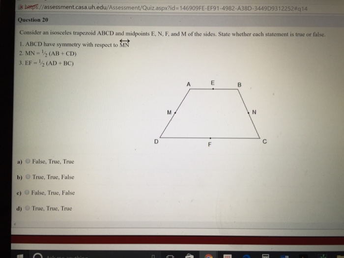 Solved Consider an isosceles trapezoid ABCD and midpoints | Chegg.com