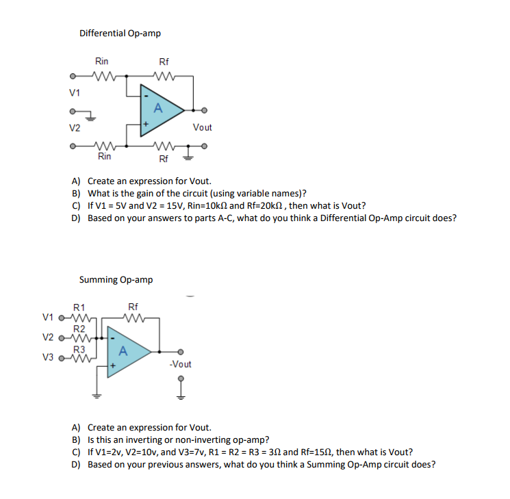 Solved Differential Op-amp in Rf V1 V2 Vout Rin Rf A) Create | Chegg.com