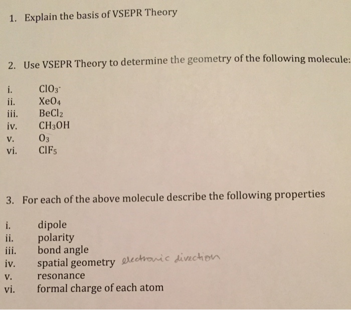 Solved Explain the basis of VSEPR Theory 2. Use VSEPR | Chegg.com