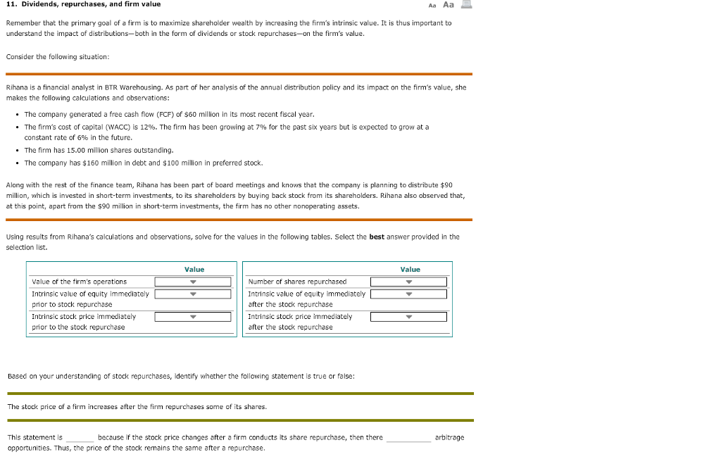 Solved 11 Dividends Repurchases And Firm Value Aa Aa Chegg