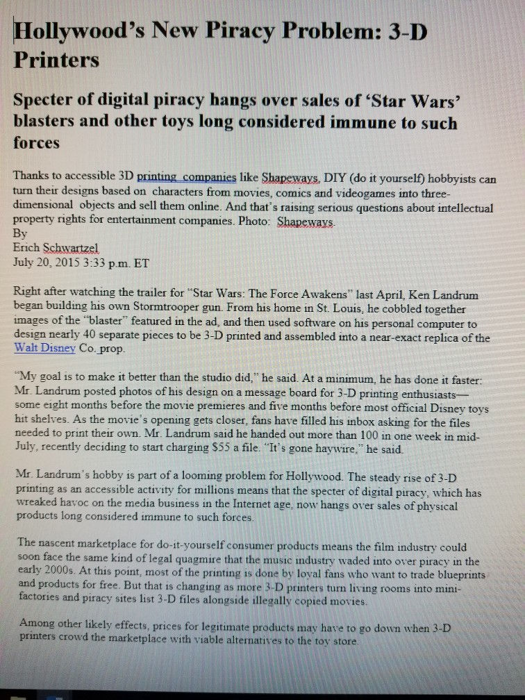 Solved Hollywood's New Piracy Problem: 3-D Printers by Erich | Chegg.com