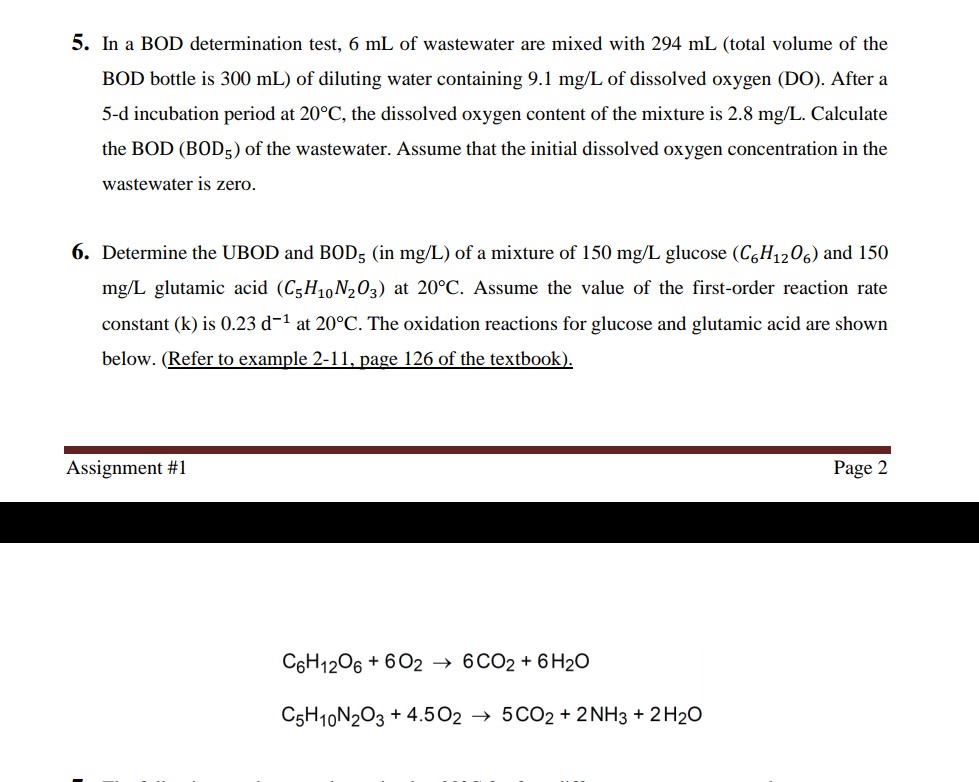 Solved 5. In a BOD determination test, 6 mL of wastewater | Chegg.com