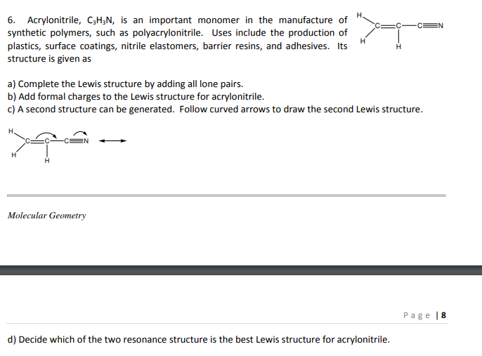 Solved 6. Acrylonitrile, C3H3N, is an important monomer in | Chegg.com