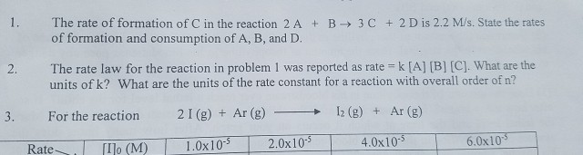 Solved 1. The rate of formation of C in the reaction 2 A + | Chegg.com
