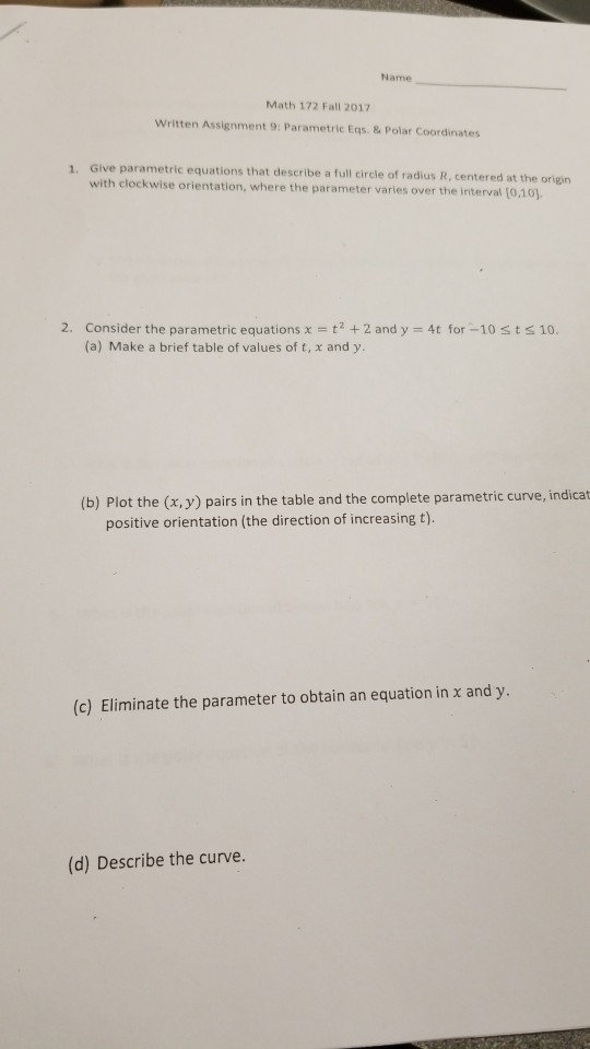 Solved Name Math 172 Fall 2017 Written Assignment 9: | Chegg.com