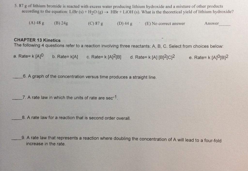 Solved 5. 87 g of lithium bromide is reacted with excess | Chegg.com