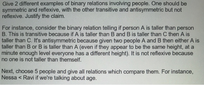 Give 2 different examples of binary relations | Chegg.com