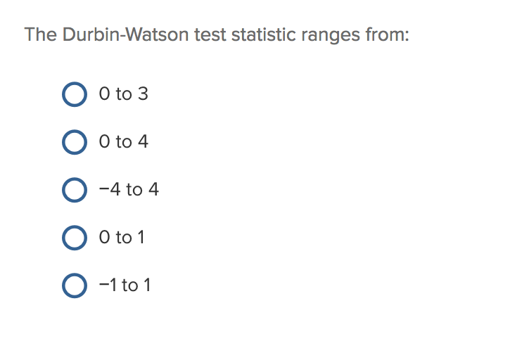 Solved The Durbin-Watson test statistic ranges from: O o to | Chegg.com