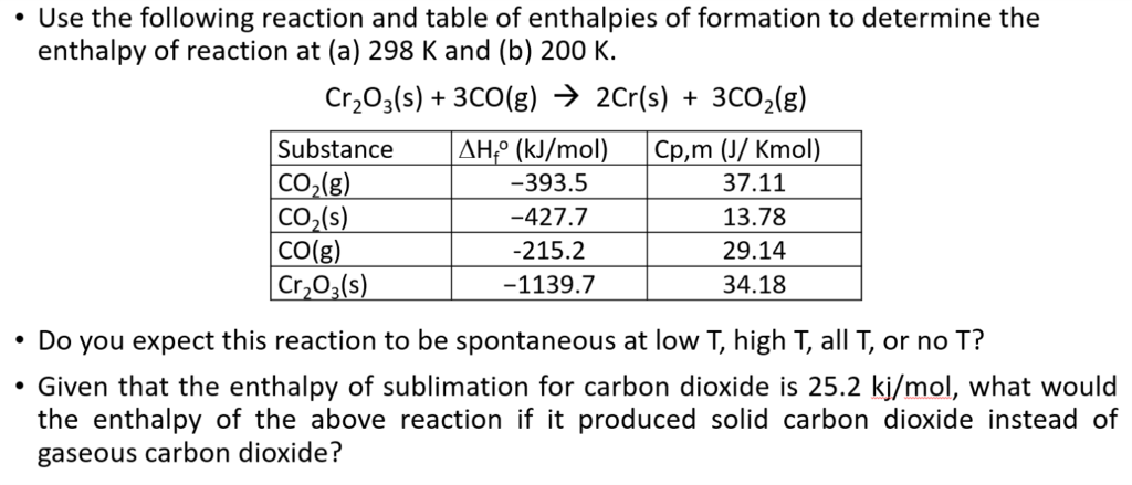 Use the following reaction and table of enthalpies of | Chegg.com