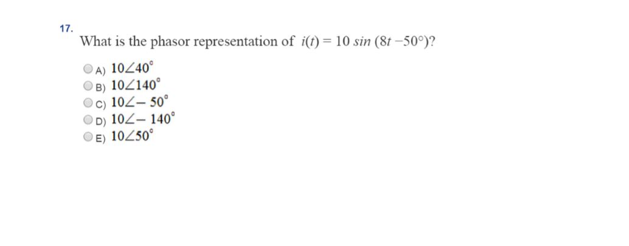Solved What is the phasor representation of i(t) = 10 sin | Chegg.com
