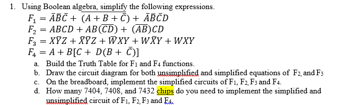 Solved 1. Using Boolean algebra, simplify the following | Chegg.com