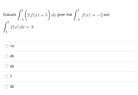 Solved Evaluate integral_-5^4 (2 f (x) + 5) dx given that | Chegg.com