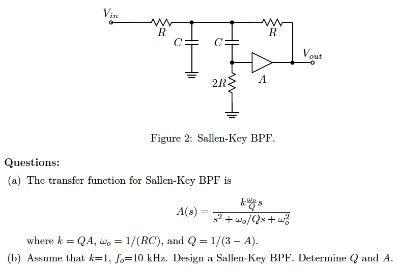 Solved The transfer function for Sallen-Key BPF is A(s) = k | Chegg.com
