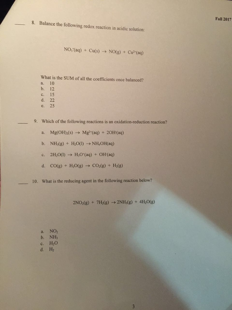 Solved Fall 2017 8. Balance the following redox reaction in | Chegg.com