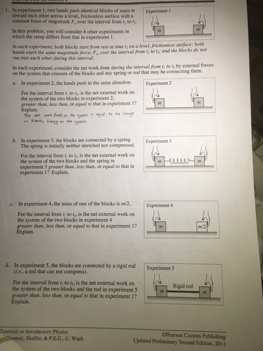 Solved In experiment 1, two hands push identical blocks of | Chegg.com