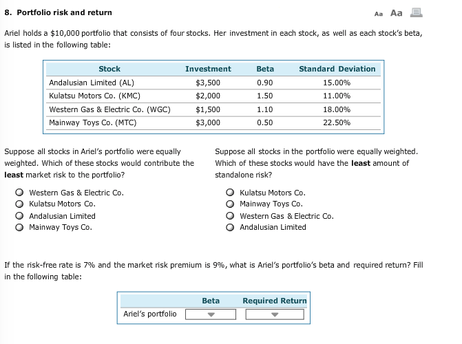 Solved 8. Portfolio risk and return Aa Aa Ariel holds a | Chegg.com