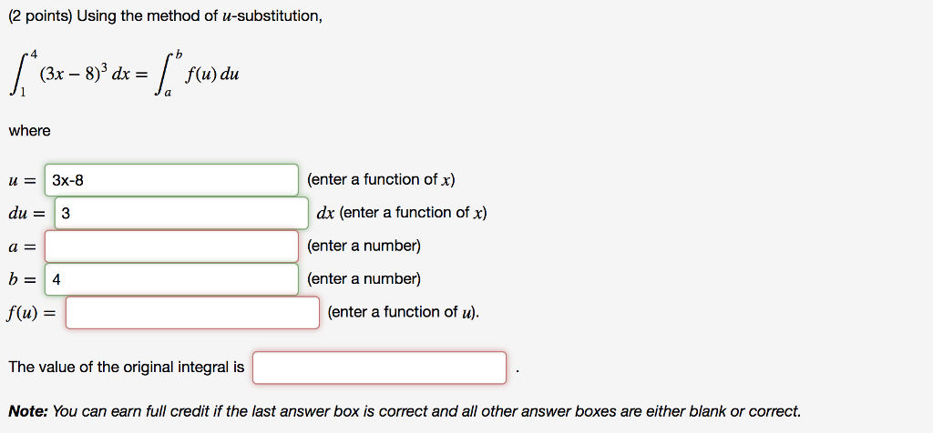 Solved (2 points) Using the method of u-substitution, | Chegg.com