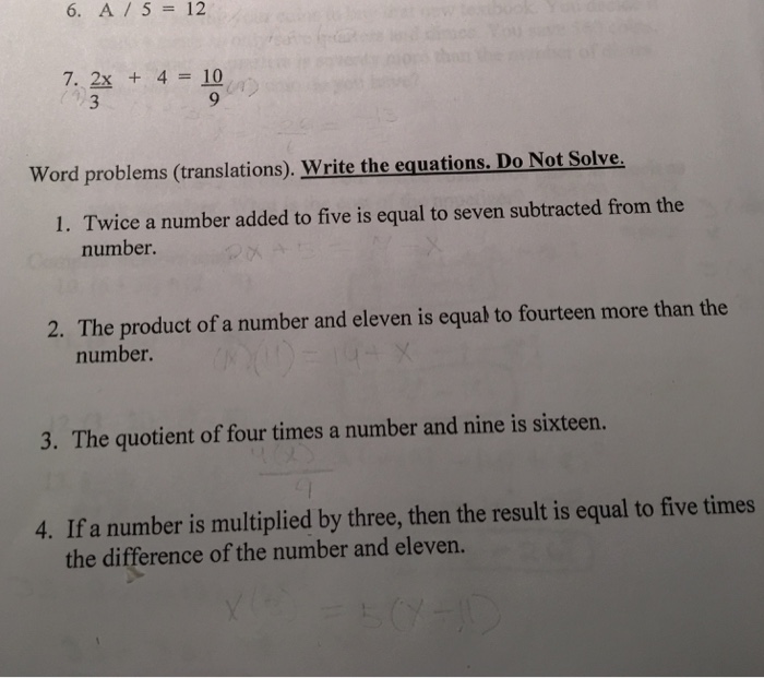 Solved 2x/3 +4 =10/9 Word problems (translations). Write | Chegg.com