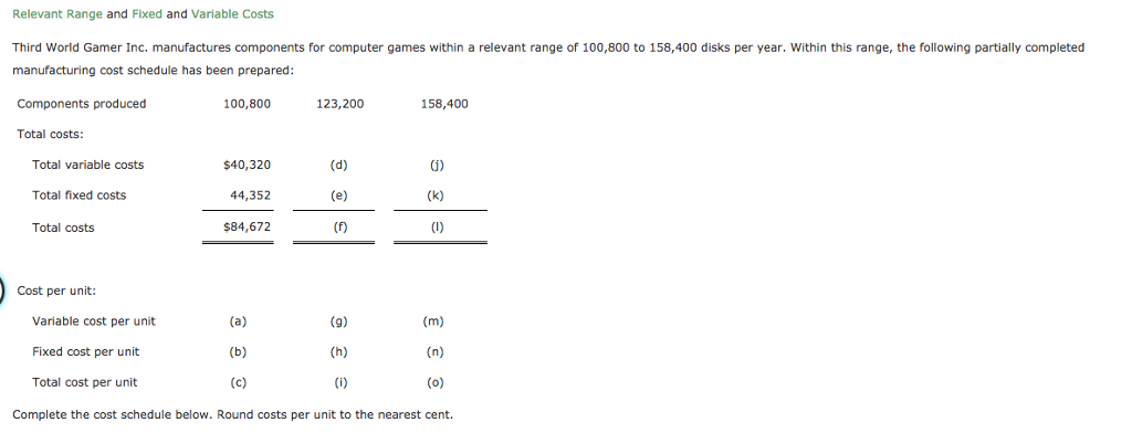 Solved Relevant Range and Fixed and Variable Costs Third | Chegg.com