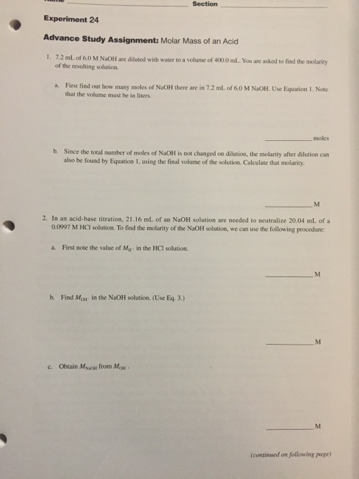 Solved Section Experiment 24 Advance Study Assignment: Molar | Chegg.com