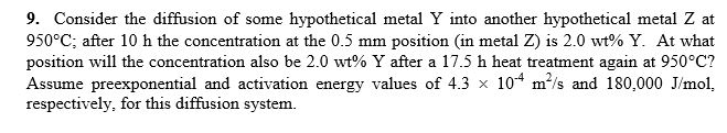 Solved Consider the diffusion of some hypothetical metal Y | Chegg.com