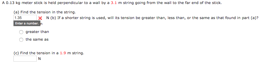 Solved A 0.13 kg meter stick is held perpendicular to a wall | Chegg.com