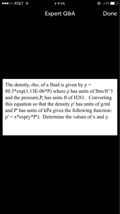 Solved The density, rho, of a fluid is given by p = | Chegg.com